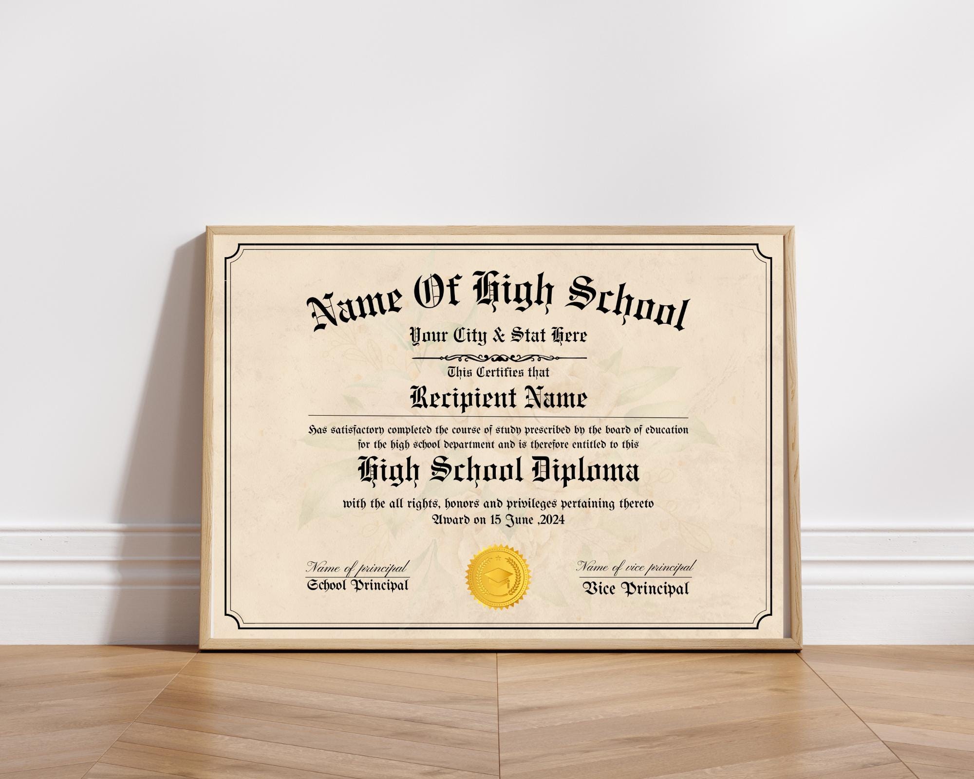 Printable High School Diploma Template: Customizable Replica (instant ...