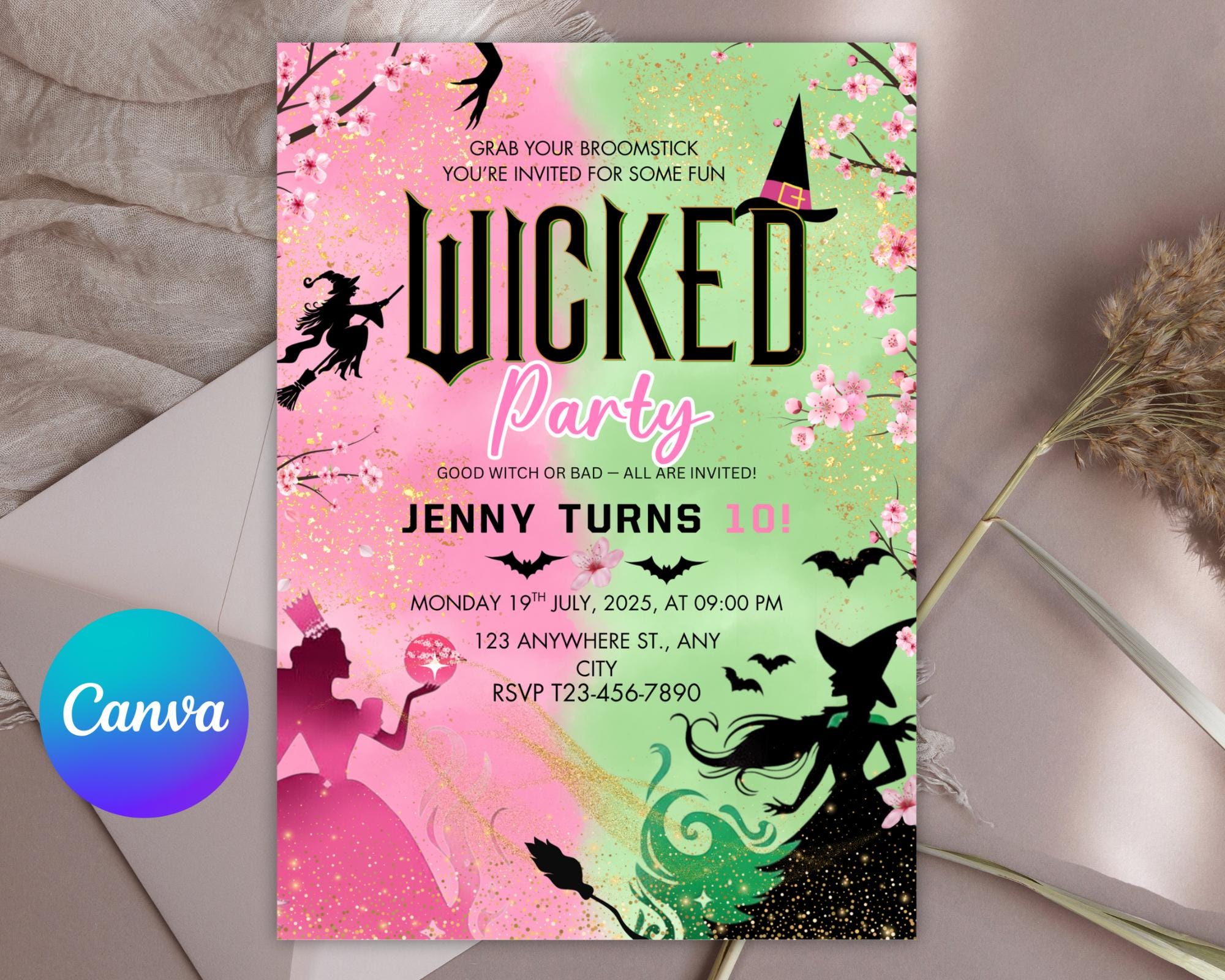 Editable Wicked Birthday Party Invitation: Canva Template (digital ...