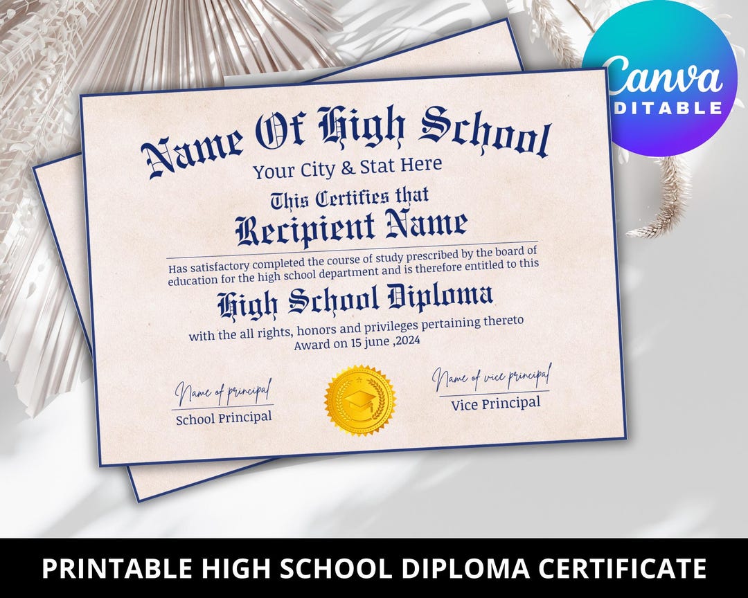 Printable High School Diploma Template: Customizable Replica (instant ...