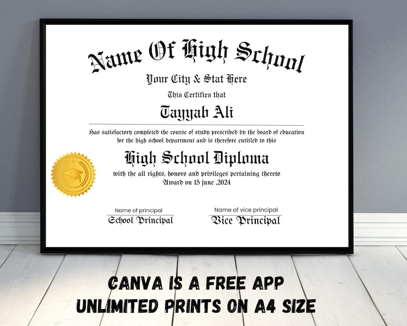 Printable High School Diploma Template: Customizable Replica (instant ...