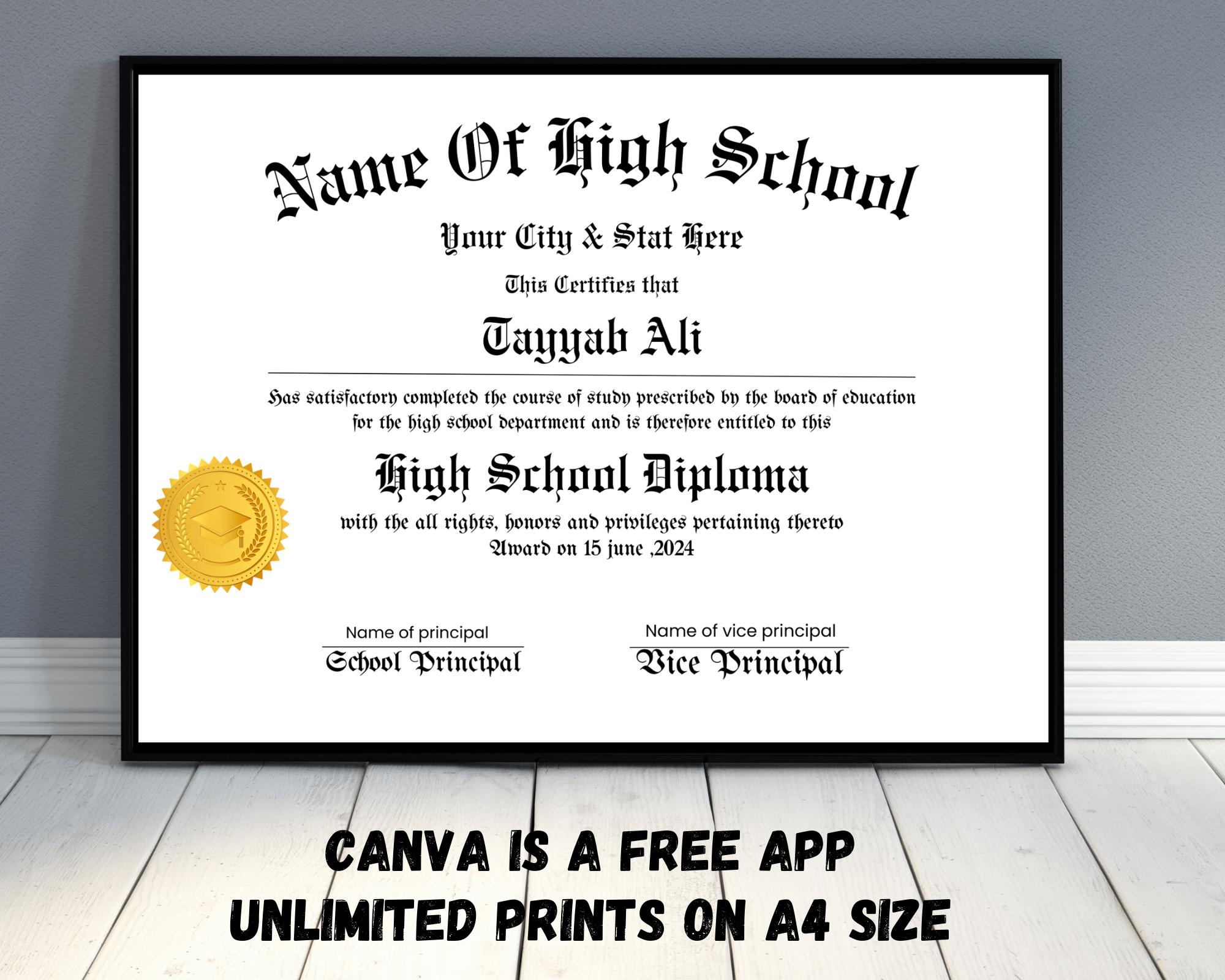Printable High School Diploma Template: Customizable Replica (instant ...