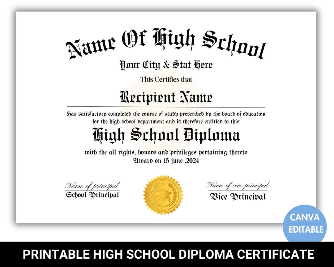 Printable High School Diploma Template: Customizable Replica (instant ...