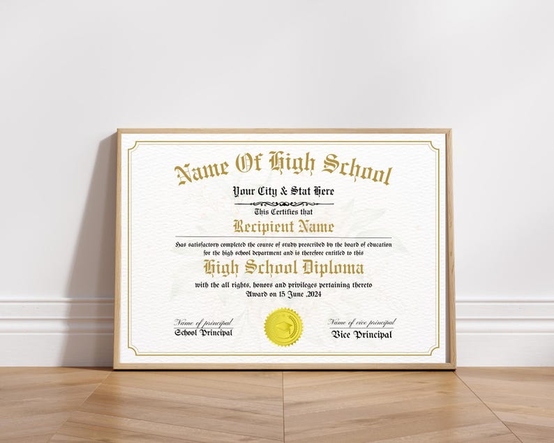 Printable High School Diploma Template: Customizable Replica (instant ...