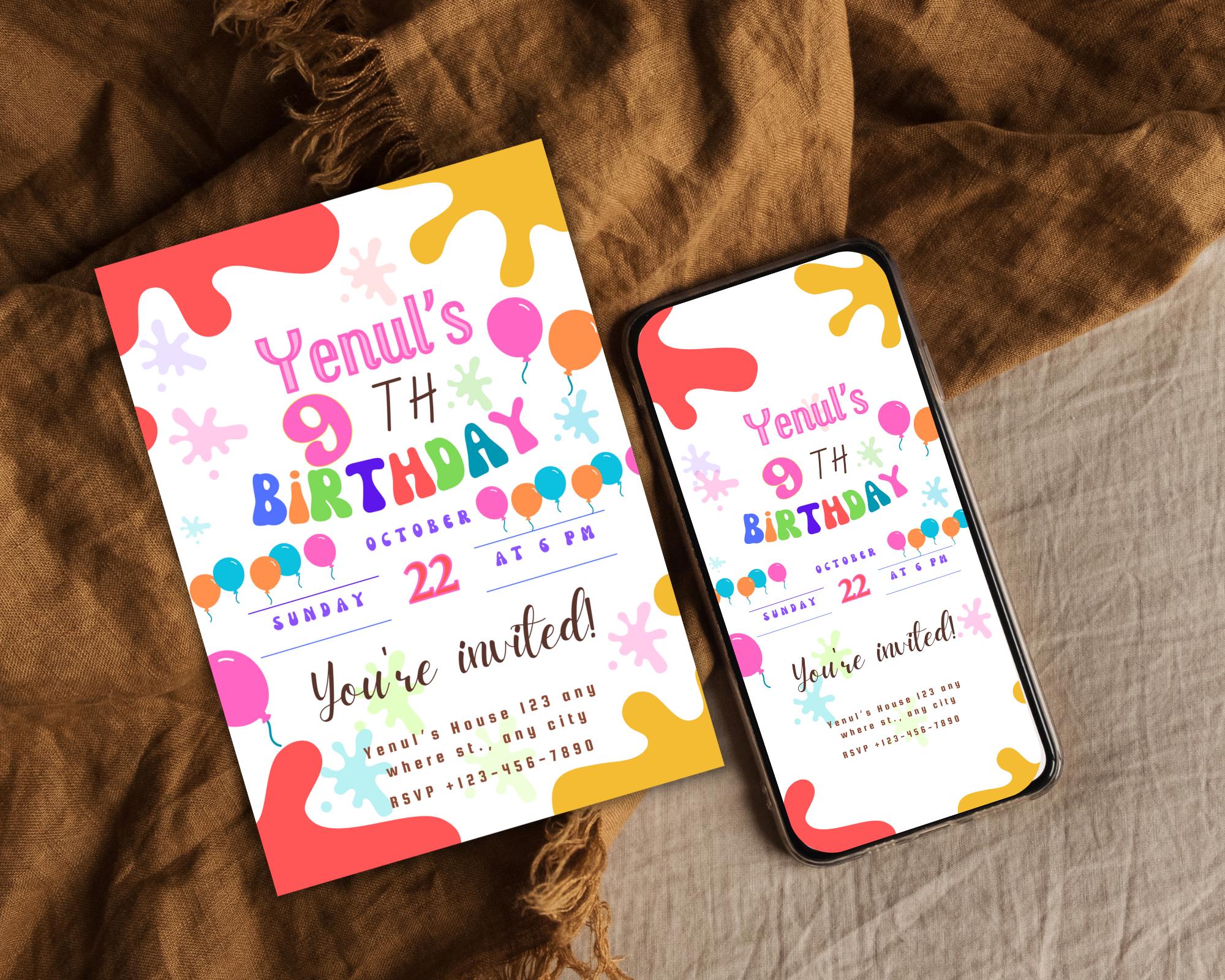 Editable Colorful Birthday Invitation, Rainbow Birthday, Paint Splatter ...