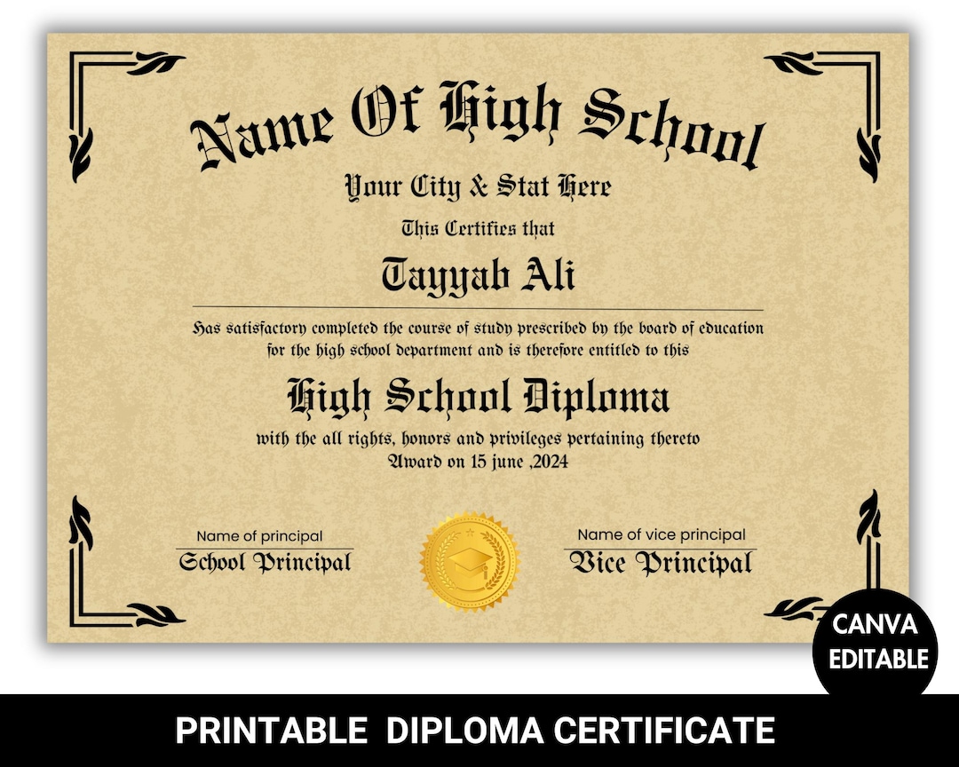 Printable High School Diploma Template: Customizable Replica (digital ...