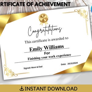 Editable Certificate of Achievement Template: Printable Gift ...