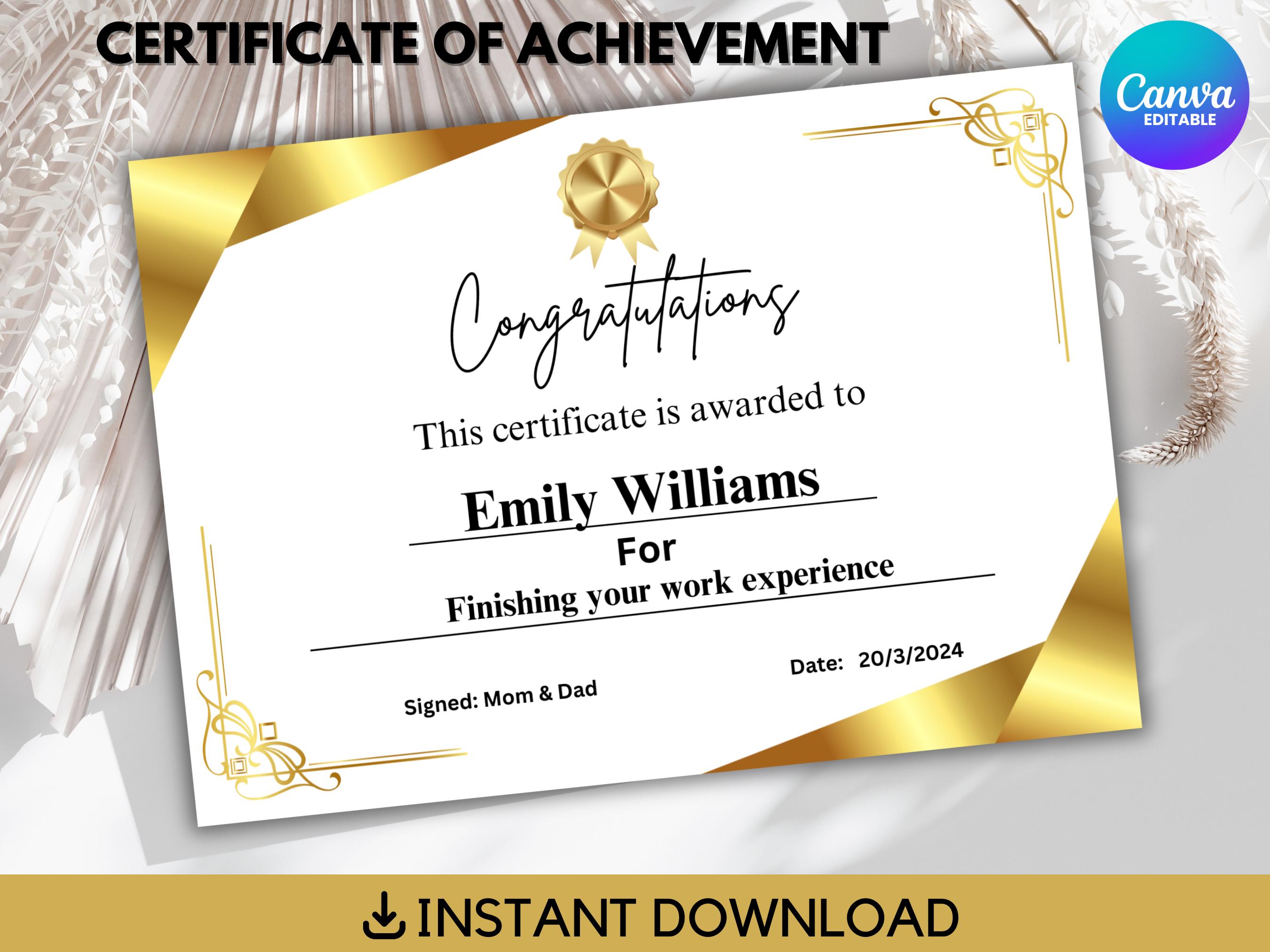 Editable Certificate of Achievement Template: Printable Gift ...