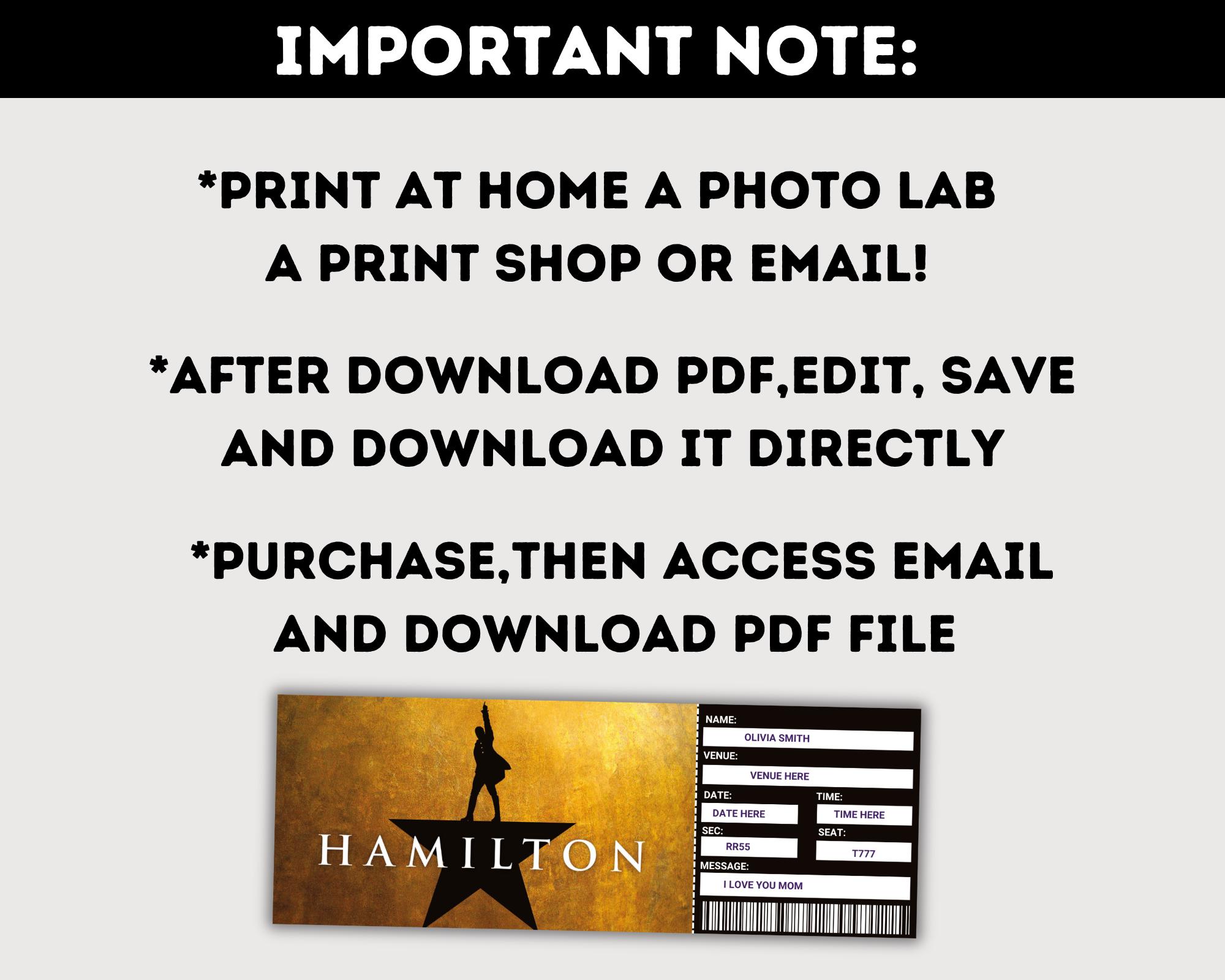 Printable Hamilton Musical Theatre Ticket, Personalized Gift Reveal ...