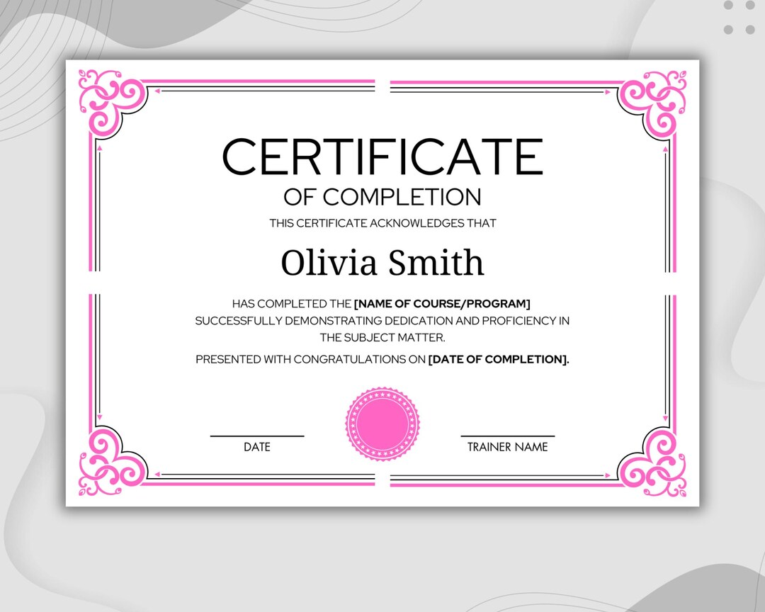 Pink Certificate of Completion Template: Kid's School, Course Award ...