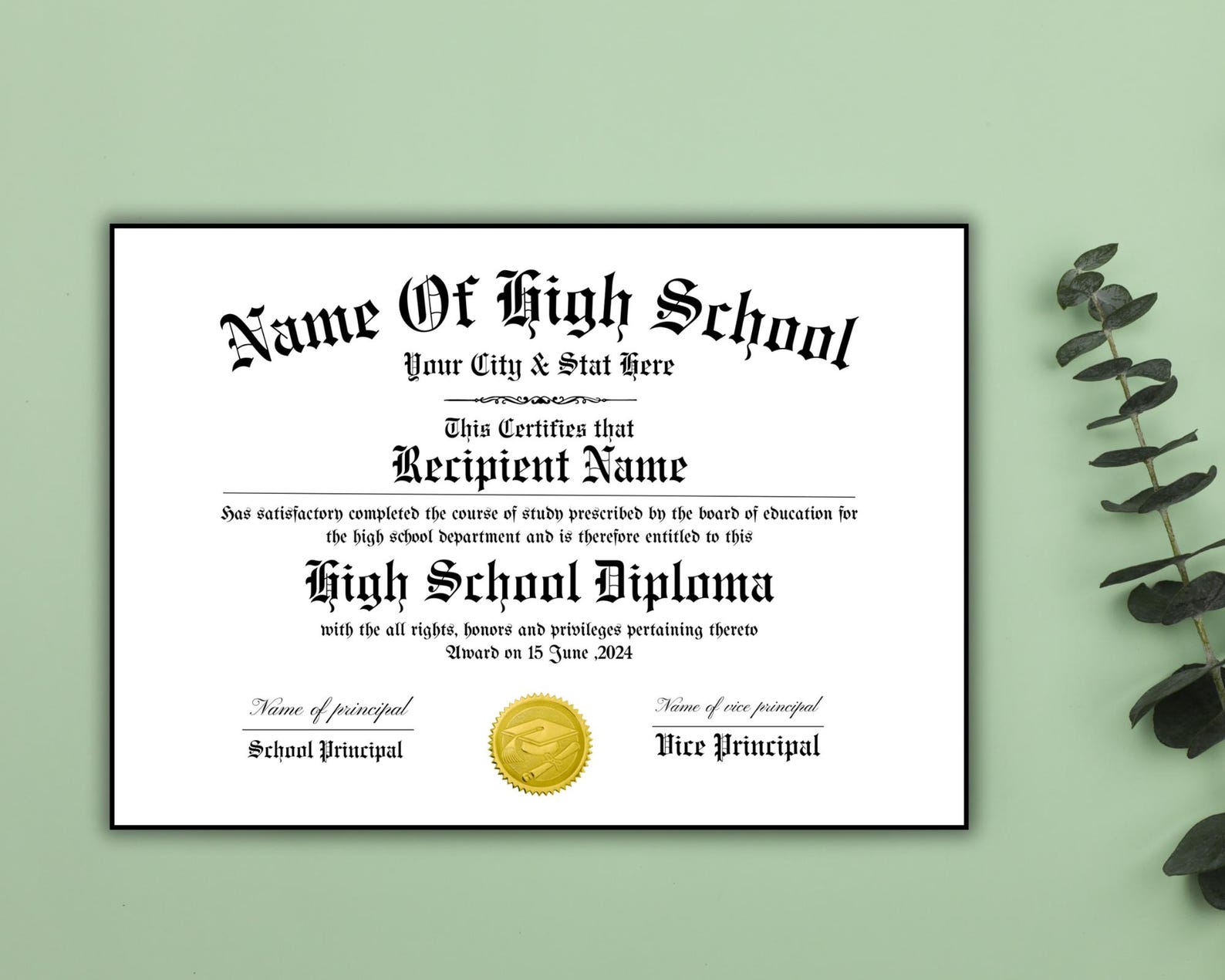 Printable High School Diploma Template: Customizable Replica (instant ...