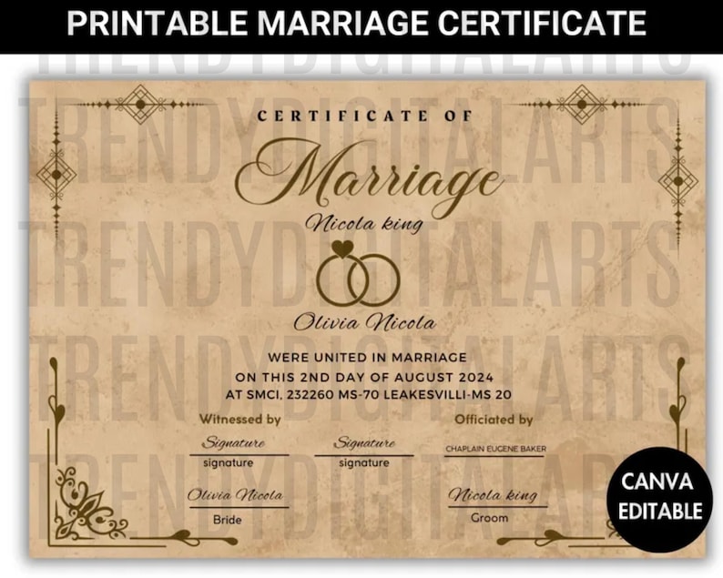 Editable Marriage Certificate Template: Modern Design (digital Download ...