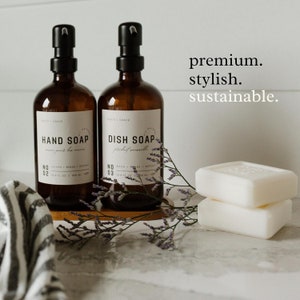 Amber Glass Soap Dispenser Set: Matte Labels, Black Pumps & Bamboo Tray ...