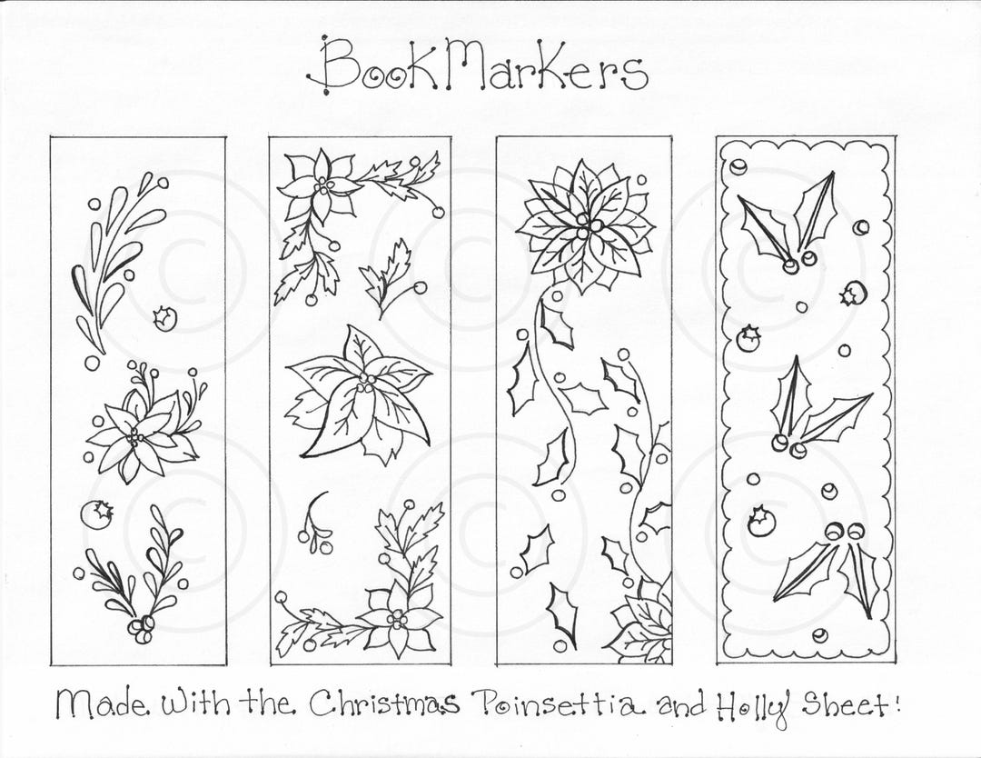 Christmas Bookmarks Coloring Page: Poinsettia & Holly DIY (PDF/JPG ...