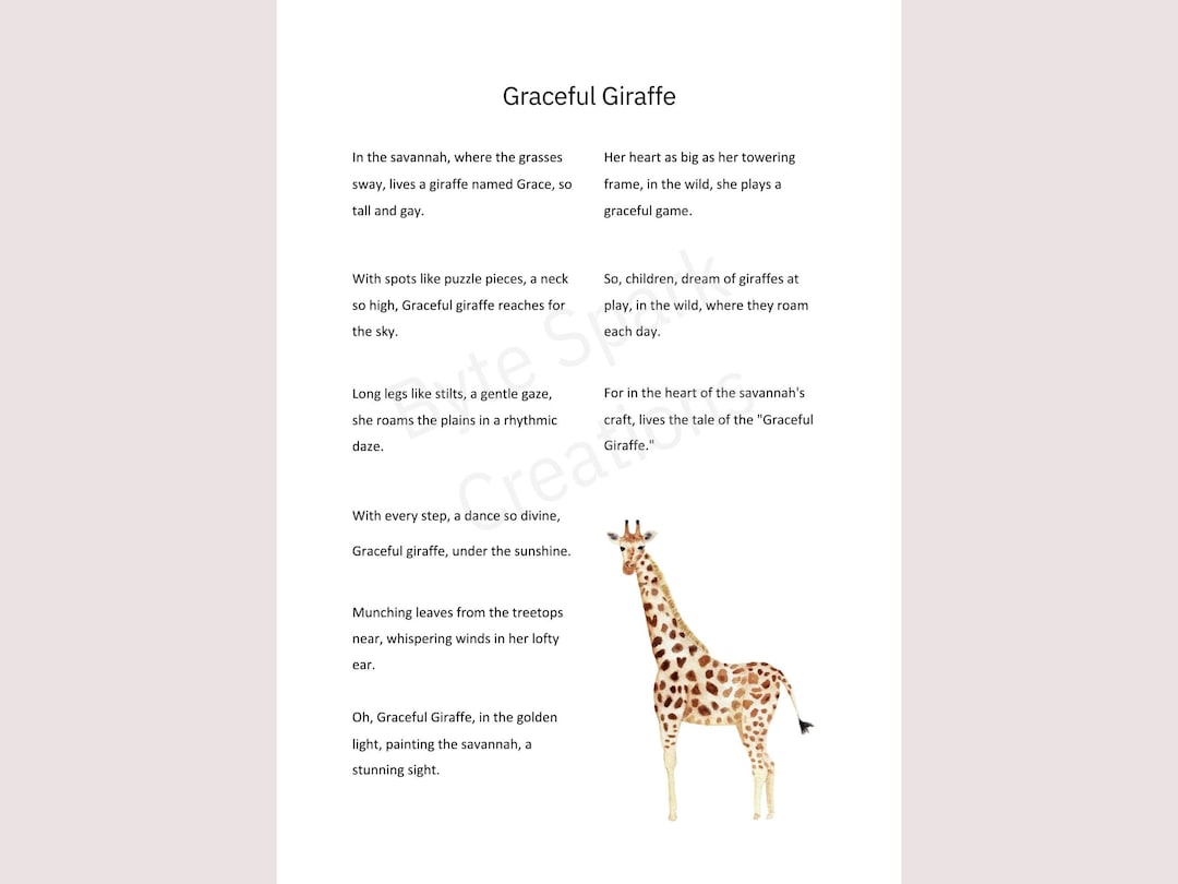 Graceful Giraffe Printable Poem, Cute Poem for Animal Lovers - Etsy