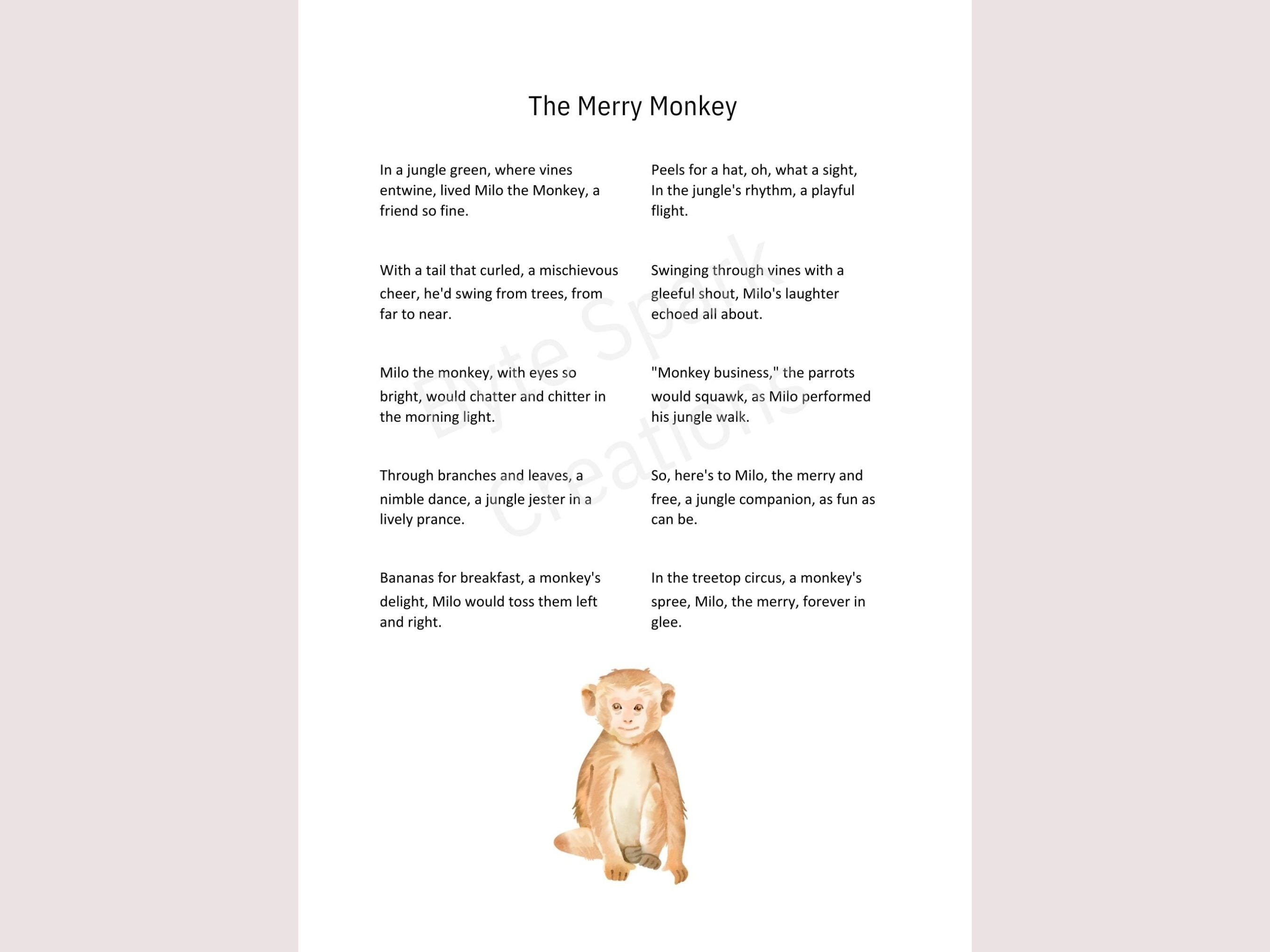The Merry Monkey Printable Poem, Cute Poem for Animal Lovers - Etsy