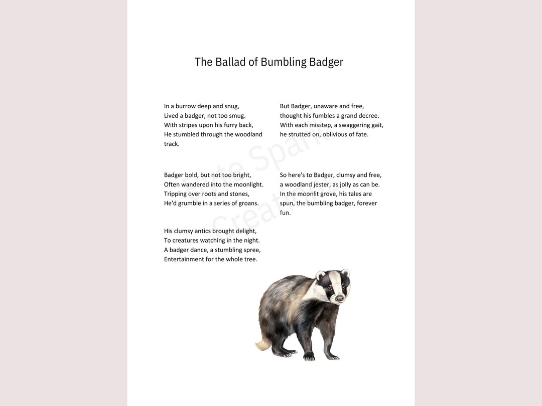 The Ballad of Bumbling Badger Printable Poem, Cute Poem for Animal ...