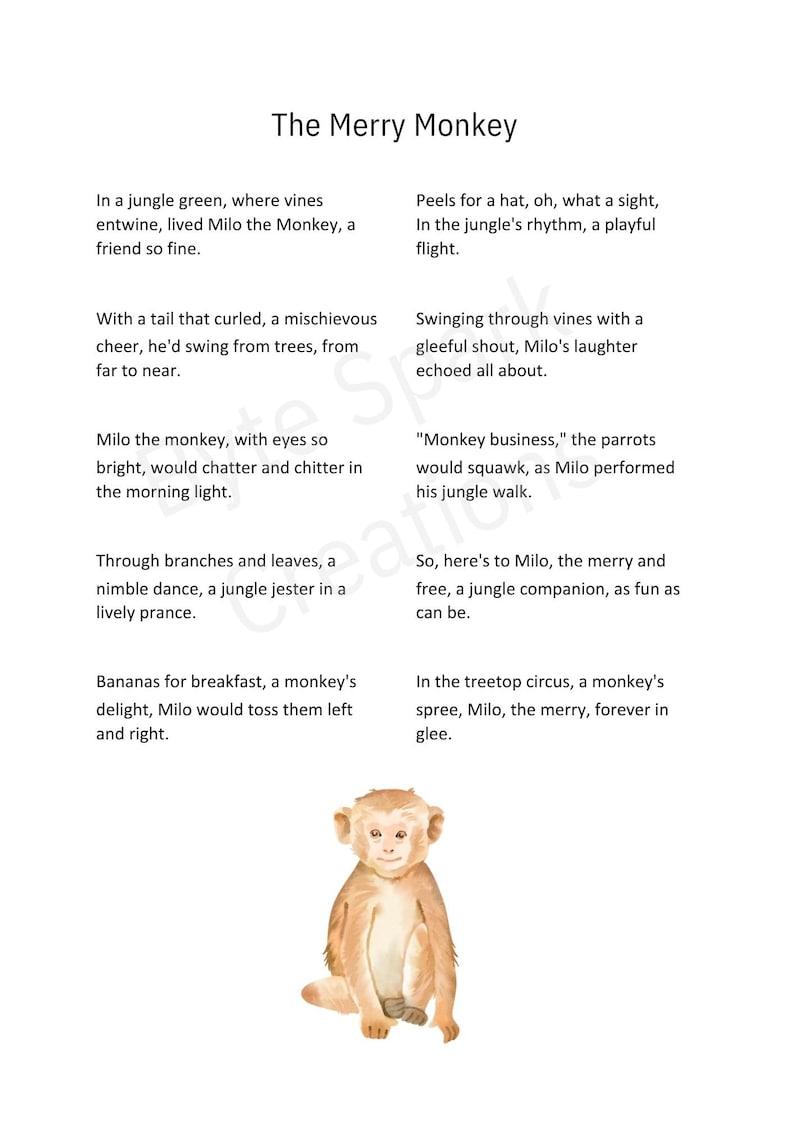The Merry Monkey Printable Poem, Cute Poem for Animal Lovers - Etsy