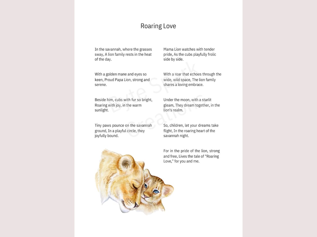 Roaring Love Lion Printable Poem, Cute Poem for Animal Lovers - Etsy