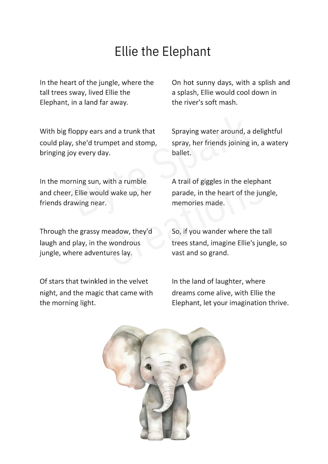 Ellie the Elephant Printable Poem, Digital Download Print at Home, Cute ...