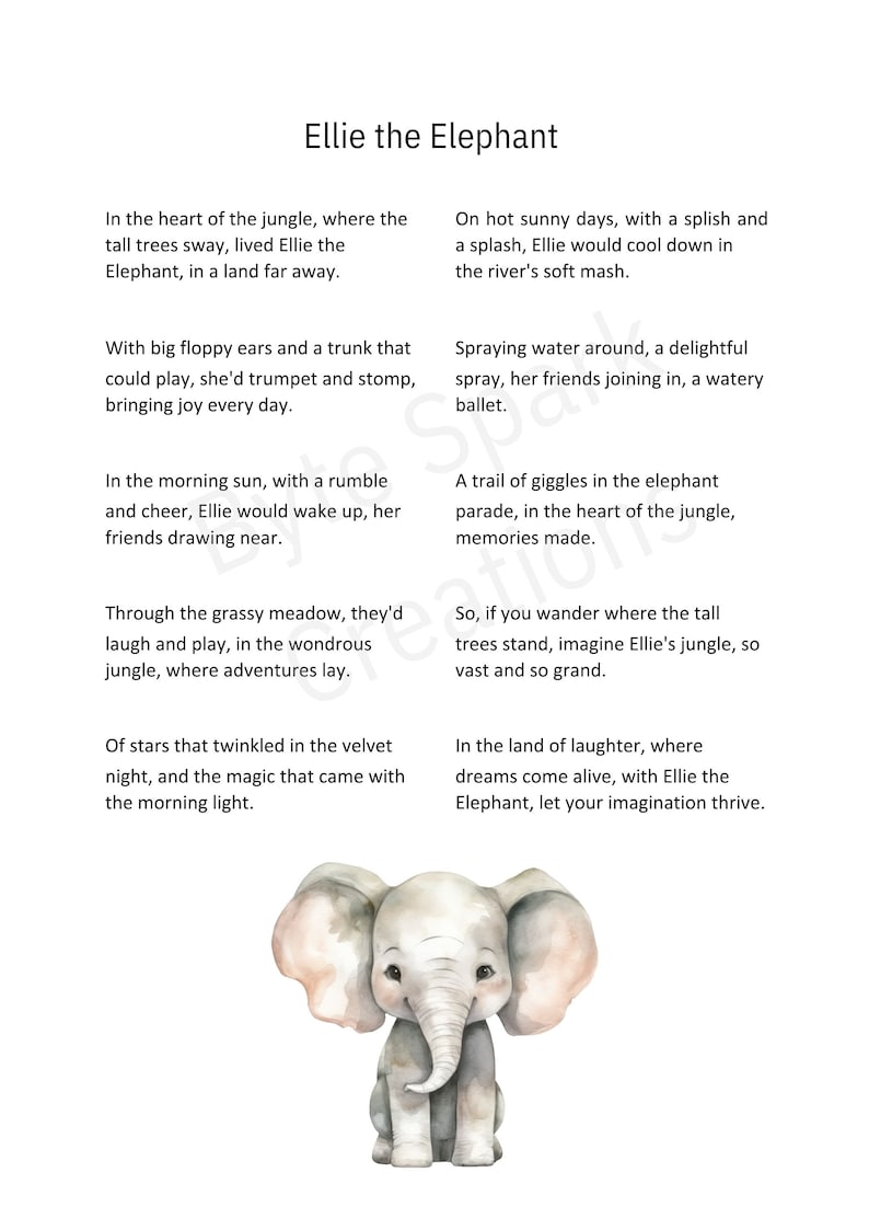 Ellie the Elephant Printable Poem, Digital Download Print at Home, Cute ...