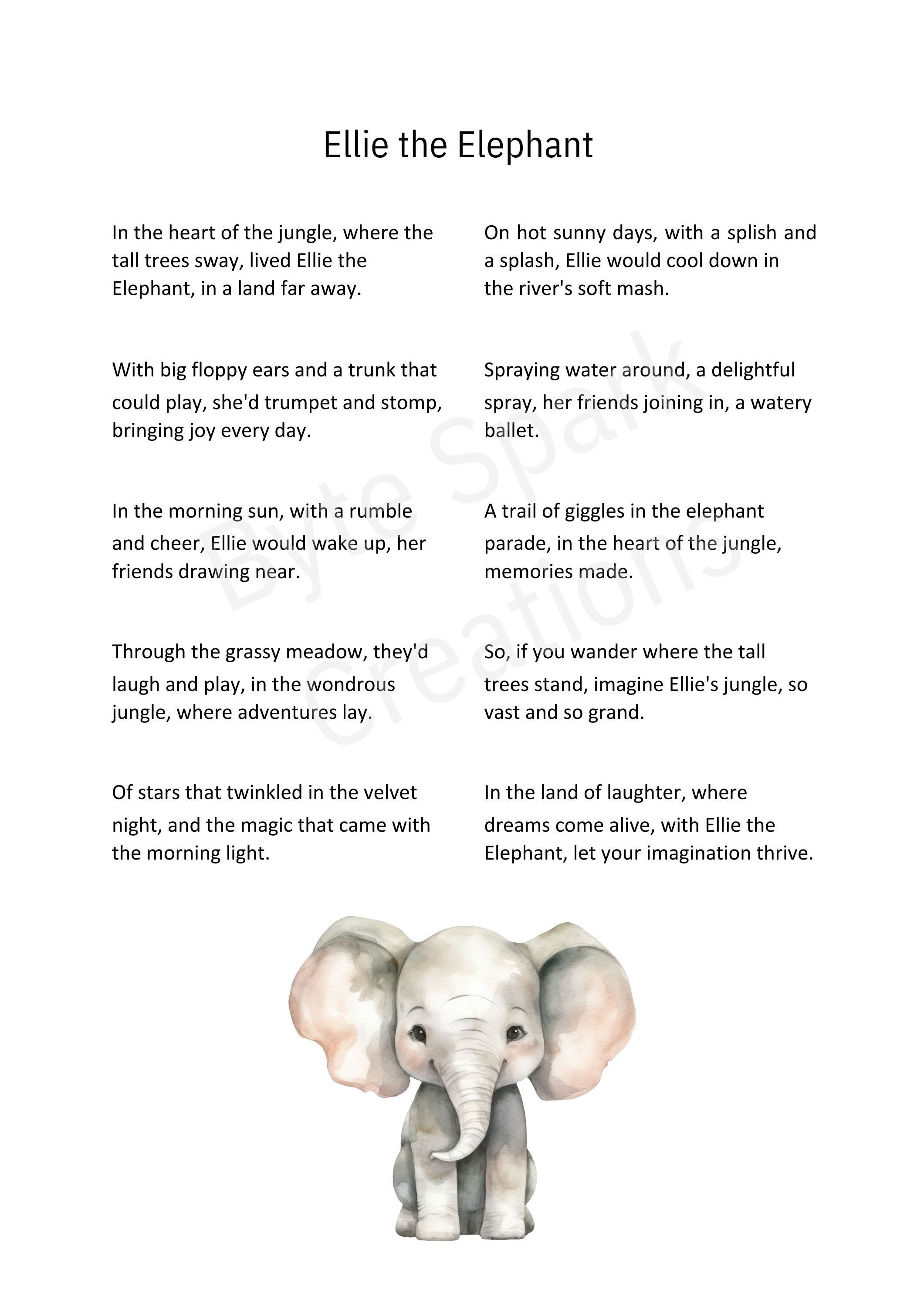 Ellie the Elephant Printable Poem, Digital Download Print at Home, Cute ...
