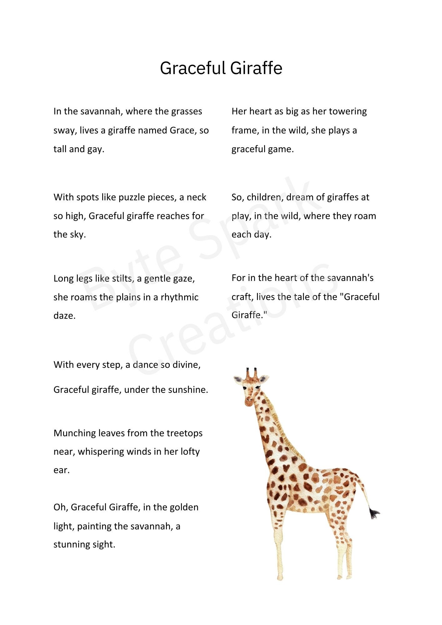 Graceful Giraffe Printable Poem, Cute Poem for Animal Lovers - Etsy