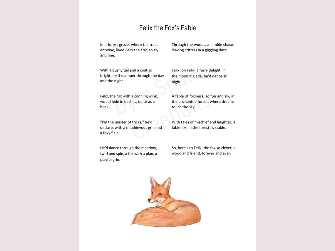 Felix the Fox's Fable Printable Poem, Cute Poem for Animal Lovers - Etsy