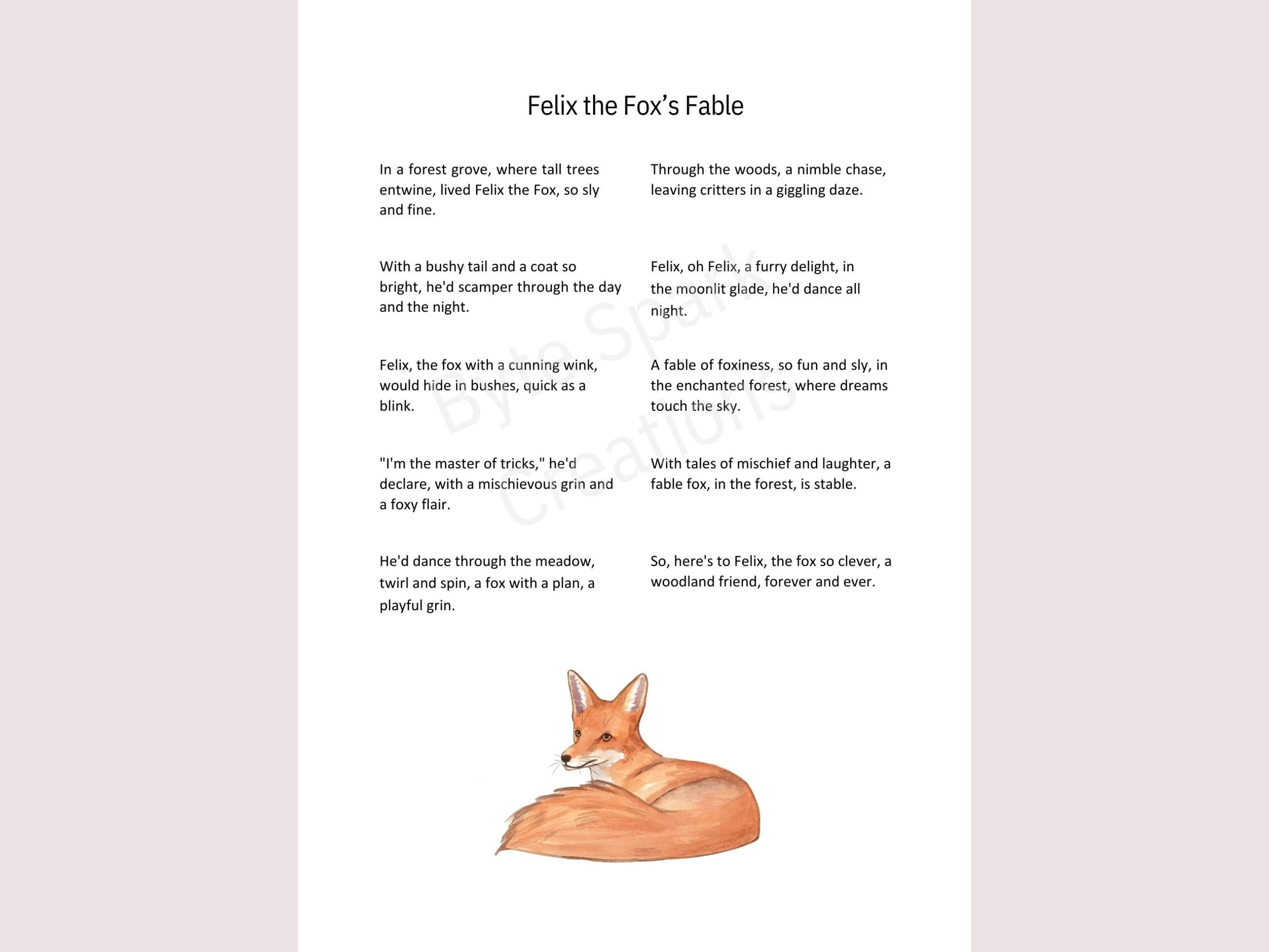 Felix the Fox's Fable Printable Poem, Cute Poem for Animal Lovers - Etsy