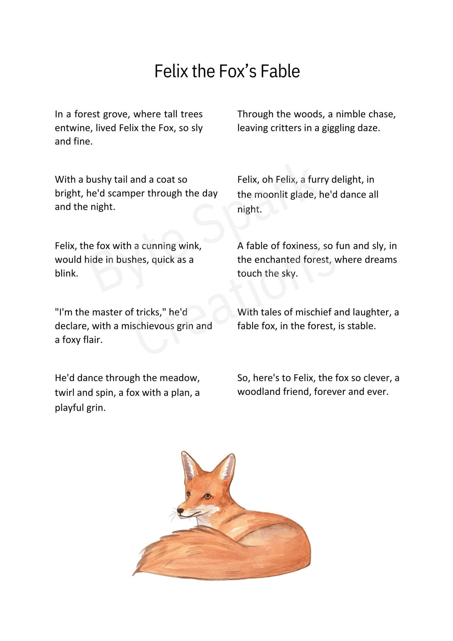 Felix the Fox's Fable Printable Poem, Cute Poem for Animal Lovers - Etsy