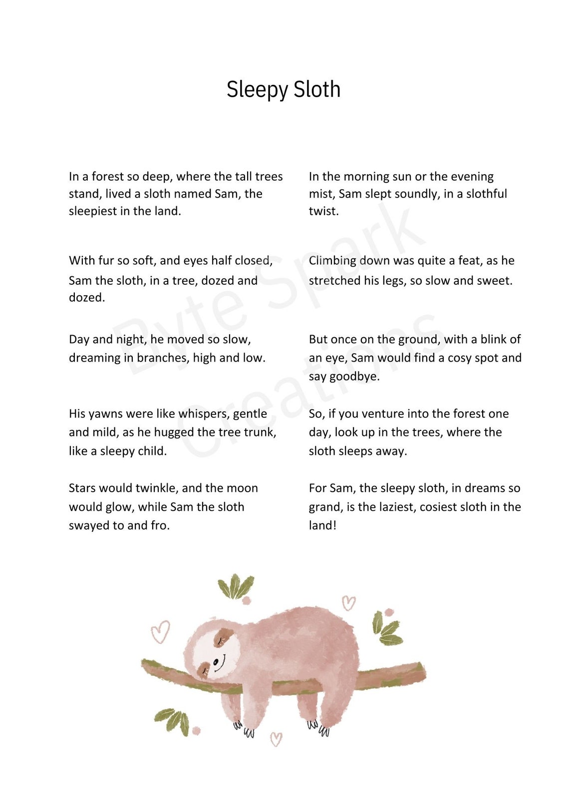 Sleepy Sloth Printable Poem, Cute Poem for Animal Lovers - Etsy