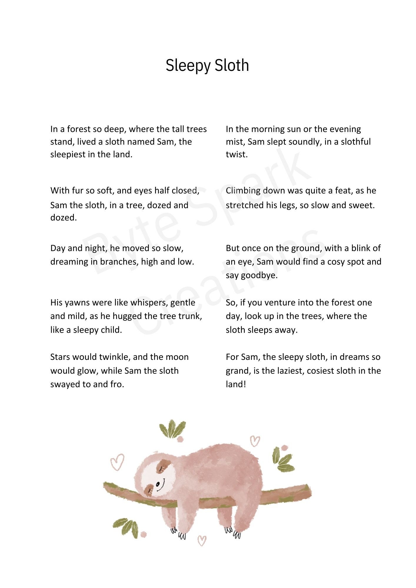Sleepy Sloth Printable Poem, Cute Poem for Animal Lovers - Etsy