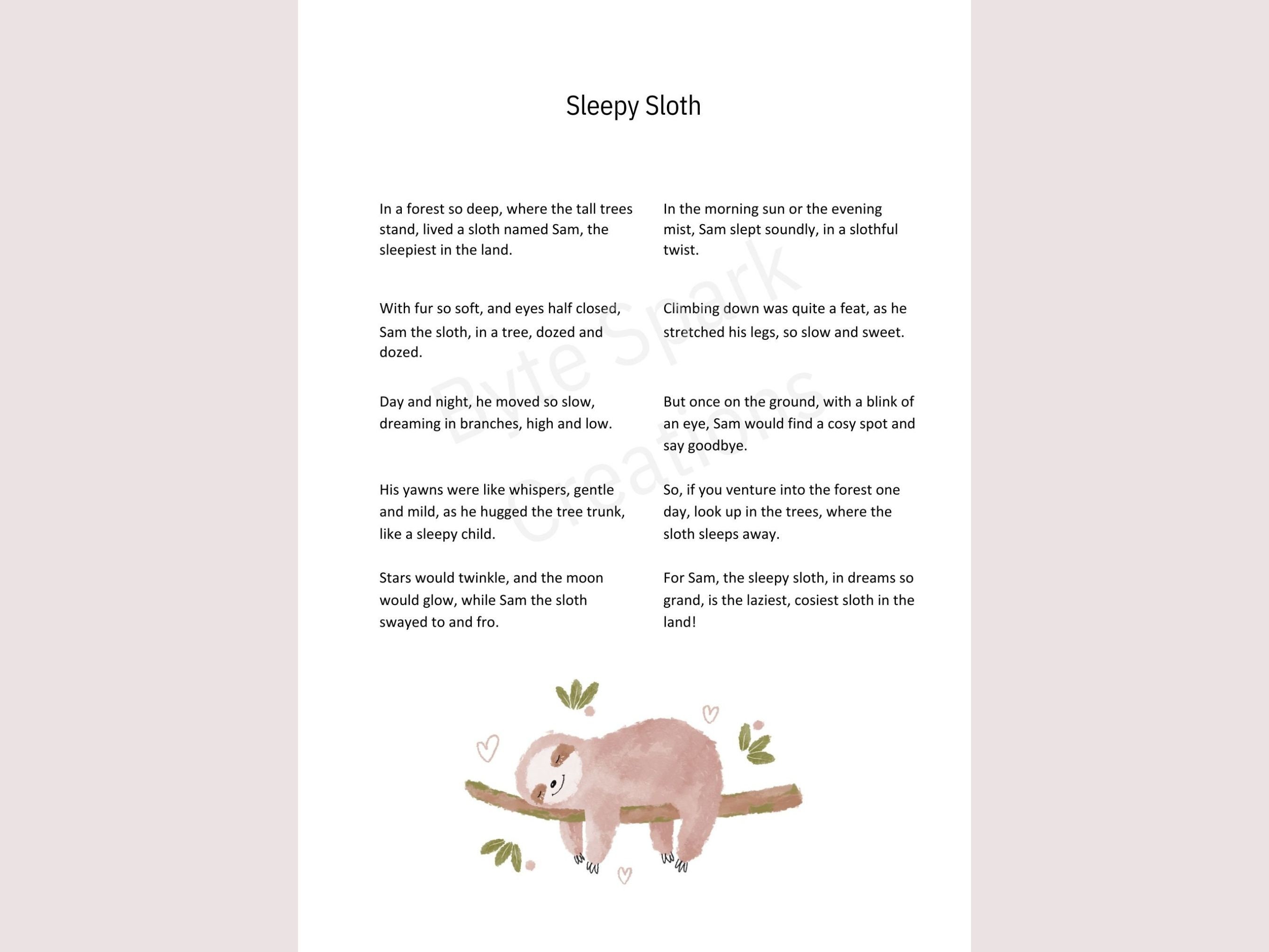 Sleepy Sloth Printable Poem, Cute Poem for Animal Lovers - Etsy