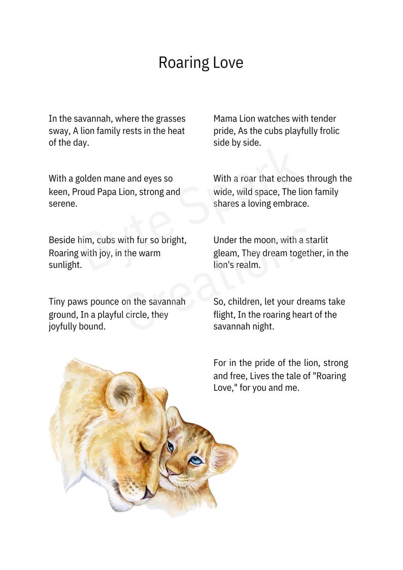 Roaring Love Lion Printable Poem, Cute Poem for Animal Lovers - Etsy