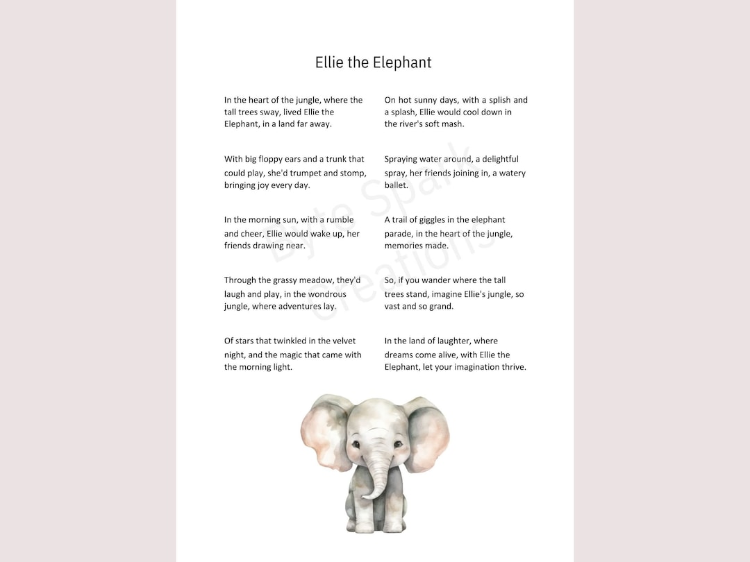 Ellie the Elephant Printable Poem, Digital Download Print at Home, Cute ...