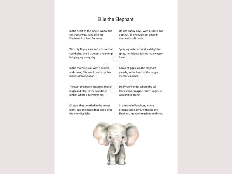 Ellie the Elephant Printable Poem, Digital Download Print at Home, Cute ...