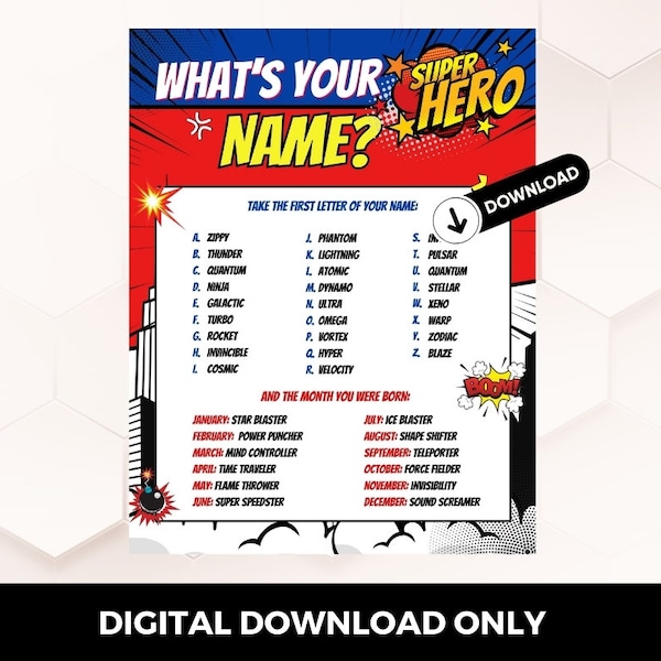What is Your Superhero Name Game Super Hero Birthday Party - Etsy