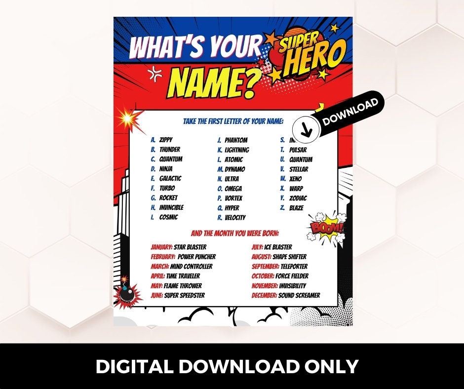 What's Your Superhero Name Superhero Party Game Superhero Name Game ...