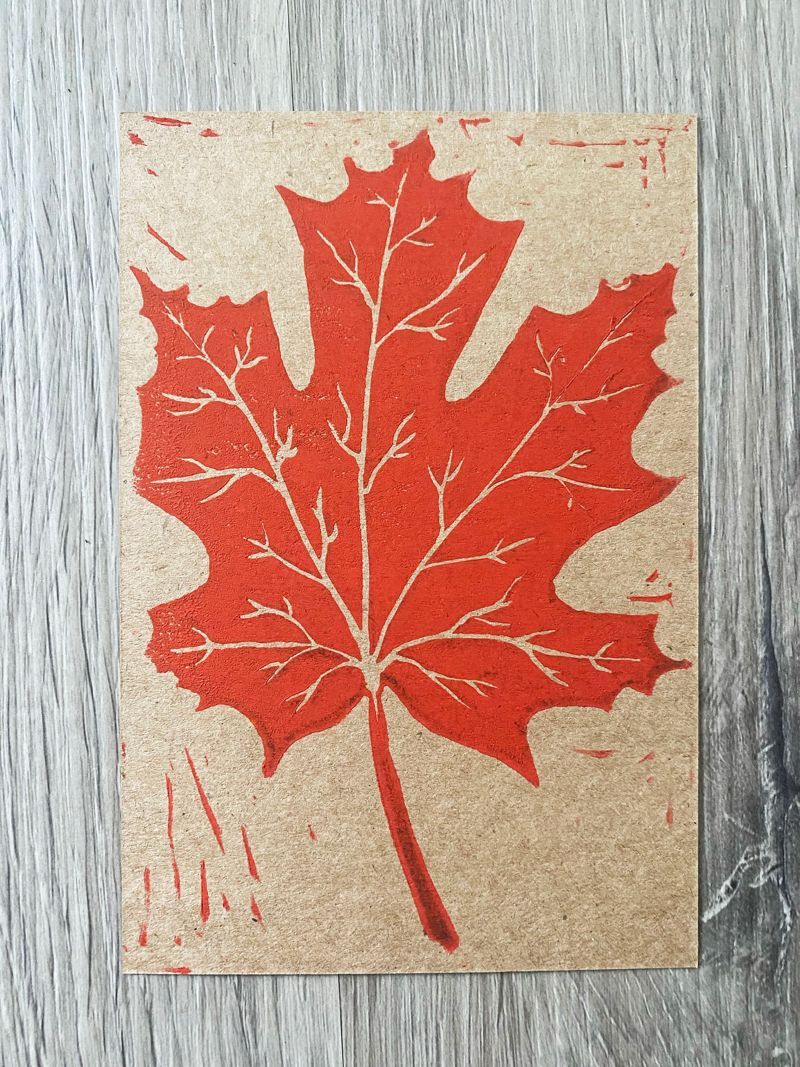 Handprinted Linocut Postcard - Maple Leaf - Etsy