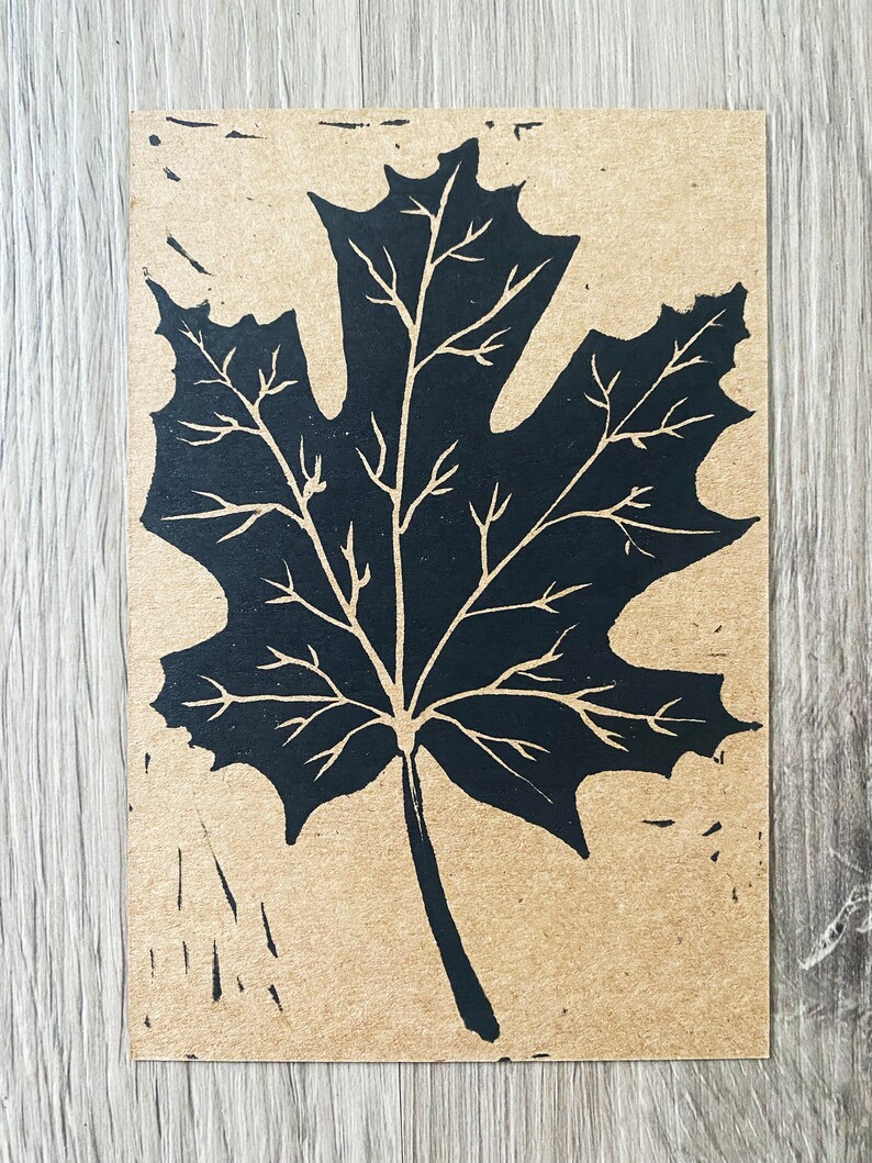 Handprinted Linocut Postcard - Maple Leaf - Etsy
