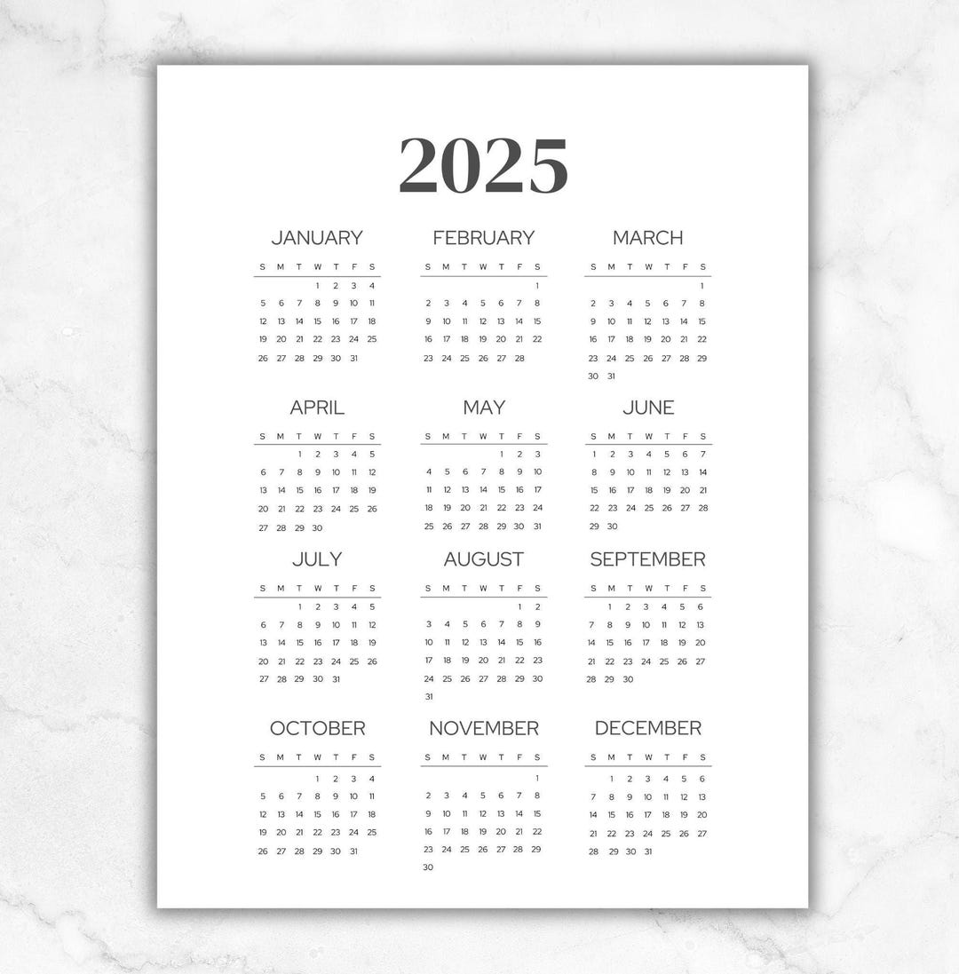 Minimalist 2025 Full Year Wall Calendar Poster: Large Printable Digital ...