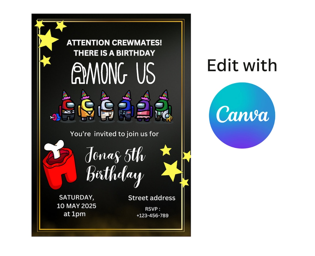 Among Us Star Birthday Invitation Template, Characters, Editable Canva ...