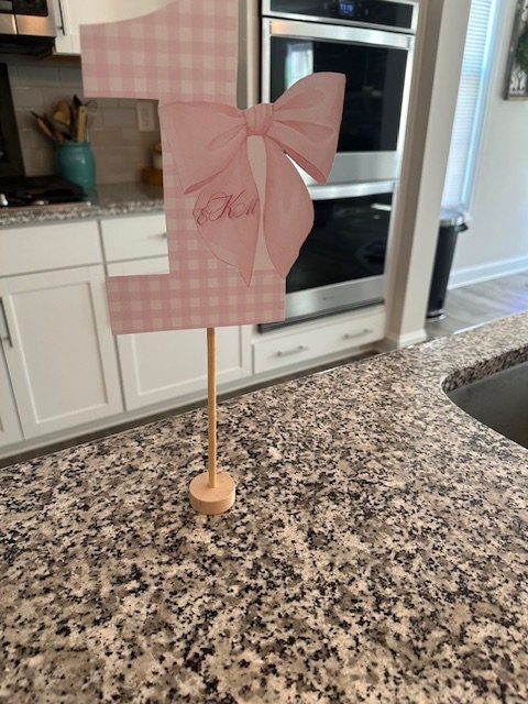Pink Gingham Custom Number and Monogrammed Initials or Name Pink Bow ...