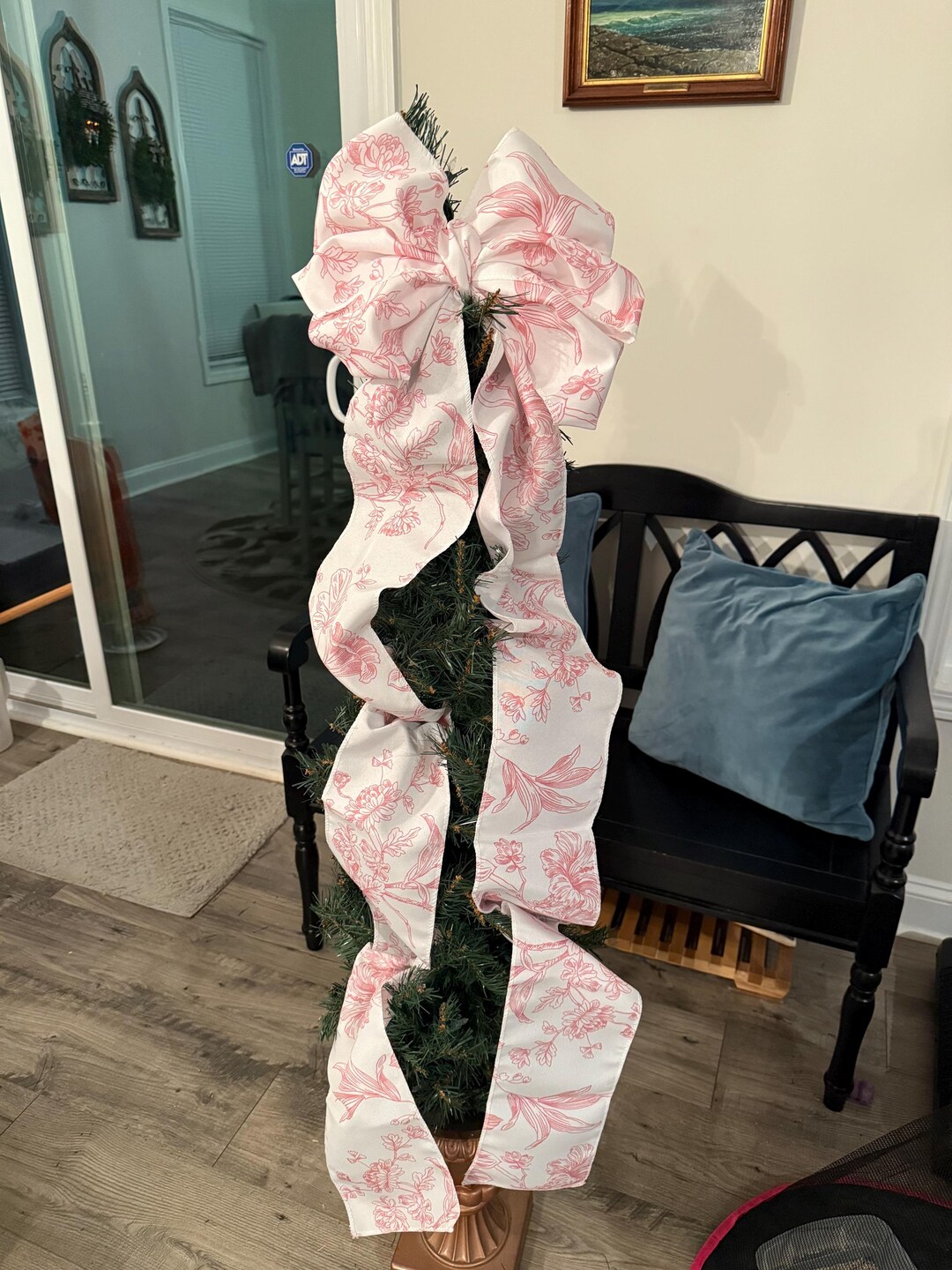 Pink and White Toile Tree Bow Large Gift Bow Door Bow Wreath Bow Love ...