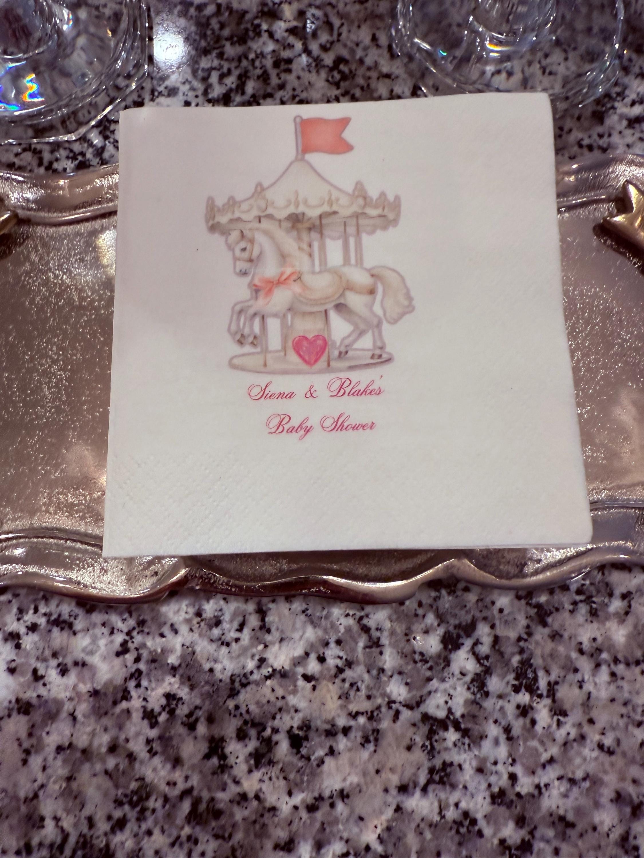 Custom Name and Age Pink Bow Carousel Horse Merry Go Round Baby Shower ...