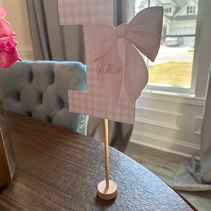 Pink Gingham Custom Number and Monogrammed Initials or Name Pink Bow ...