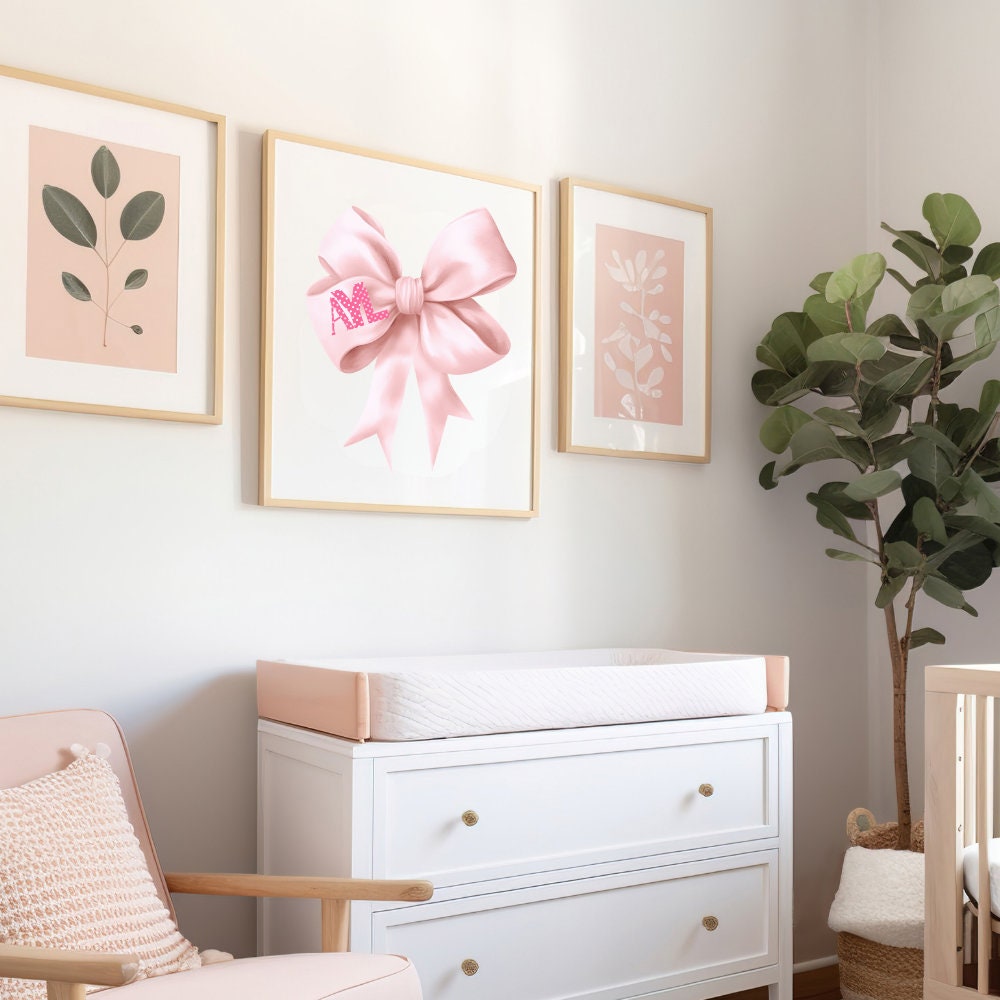 Custom Pink Bow Wall Art for Nursery Print Pink Monogrammed Bow Girl ...