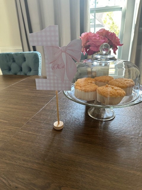 Pink Gingham Custom Number and Monogrammed Initials or Name Pink Bow ...