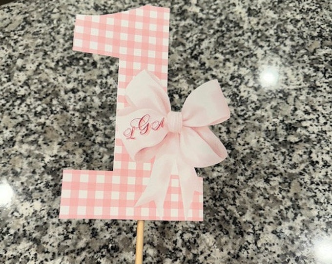 Pink Gingham Birthday Cake Topper Bow First Birthday Bow Embroidered ...