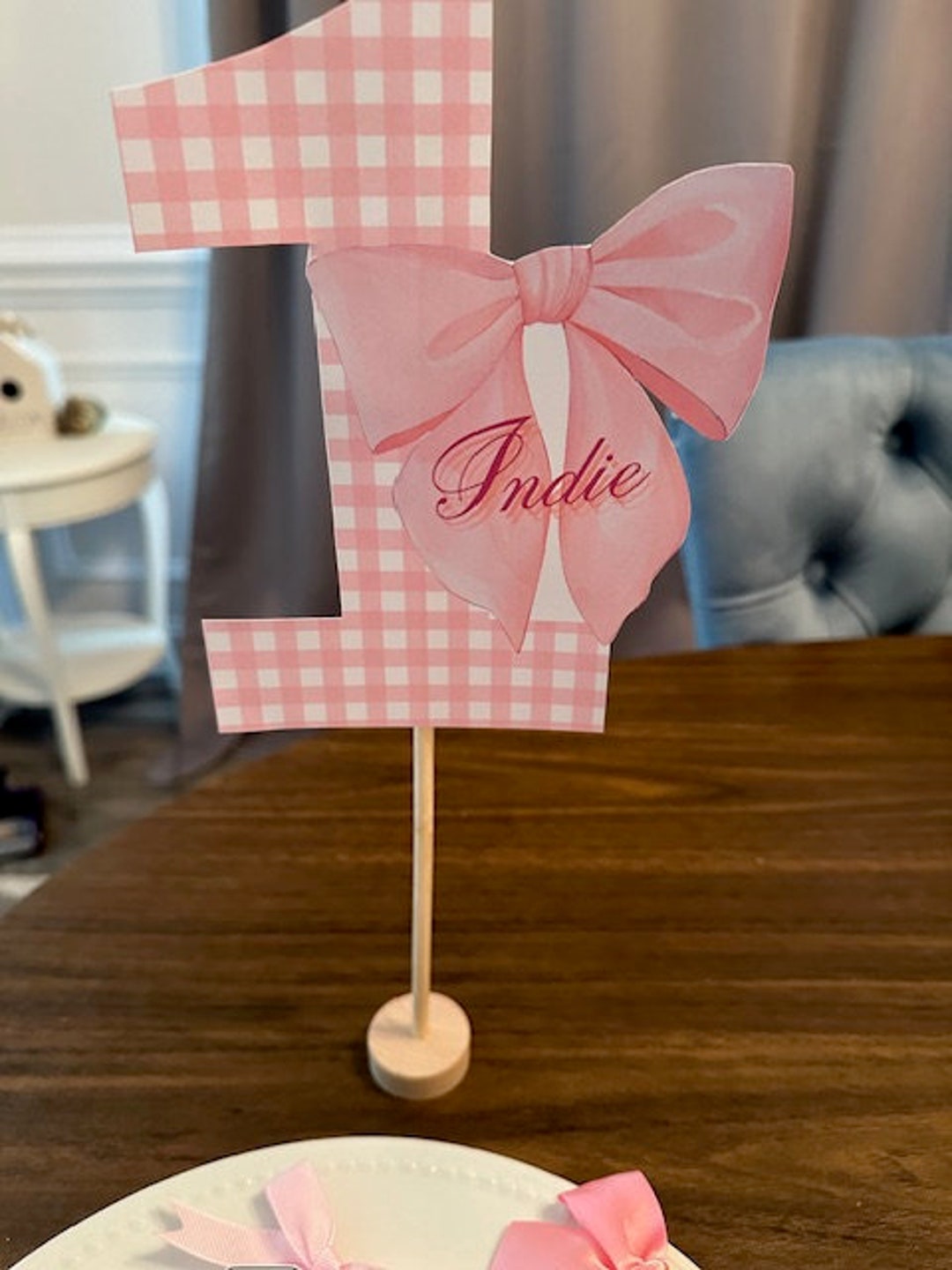 Pink Gingham Custom Number and Monogrammed Initials or Name Pink Bow ...