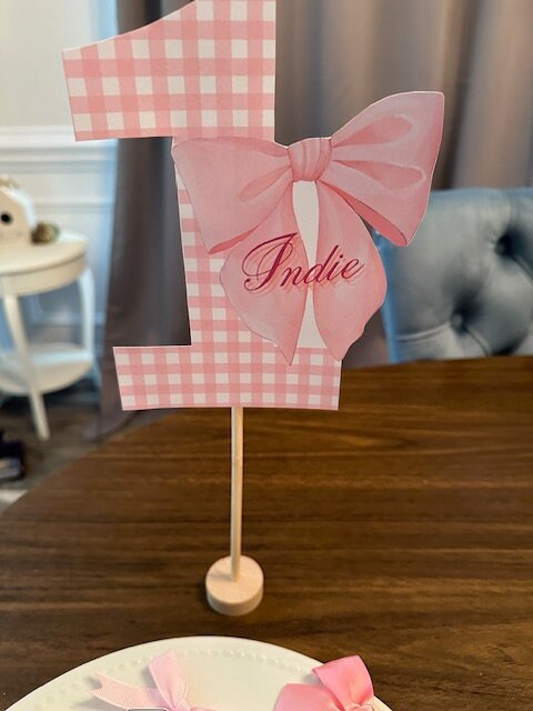 Pink Gingham Custom Number and Monogrammed Initials or Name Pink Bow ...